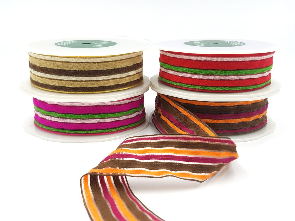 1.5 Inch Multi-Color Fuzzy Striped Ribbon with Woven Edge
