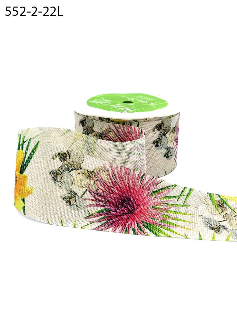 2 Inch Tropical Flower Print Ribbon with Woven Edge