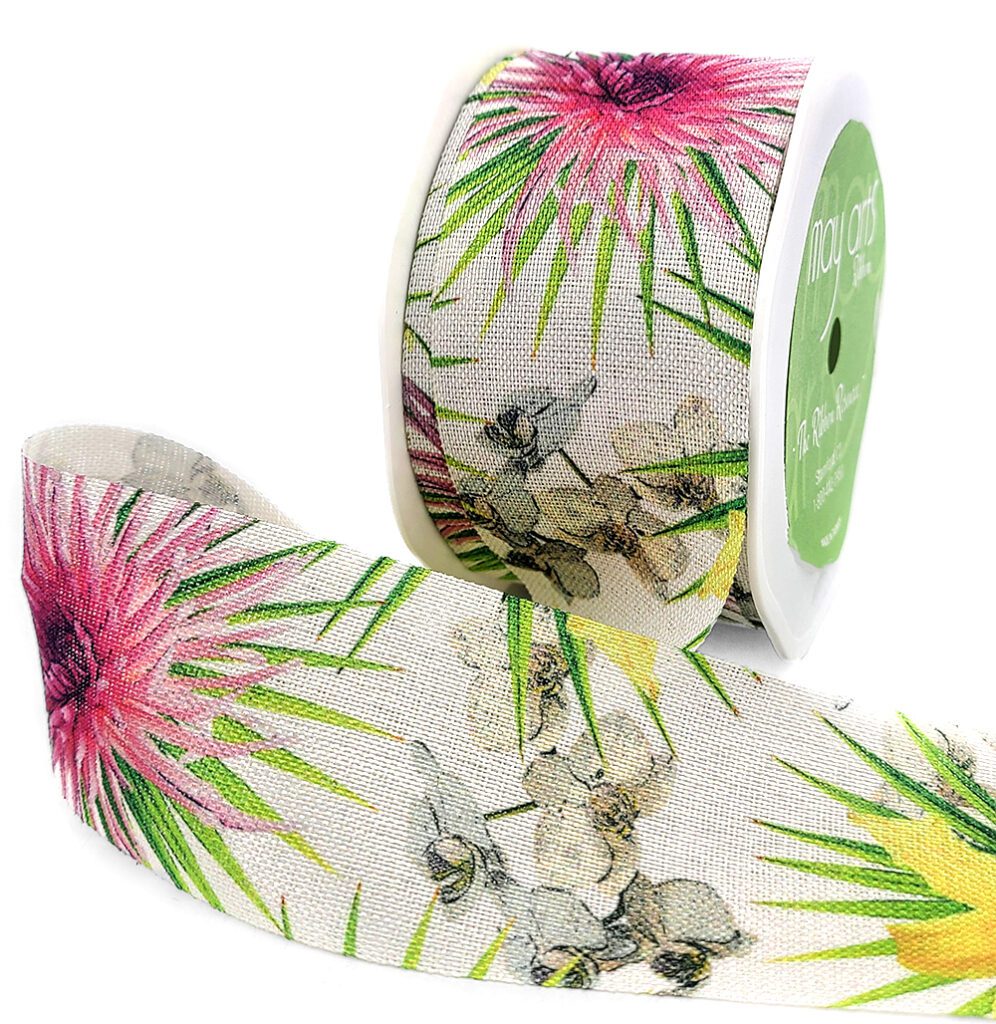 2 Inch Tropical Flower Print Ribbon with Woven Edge