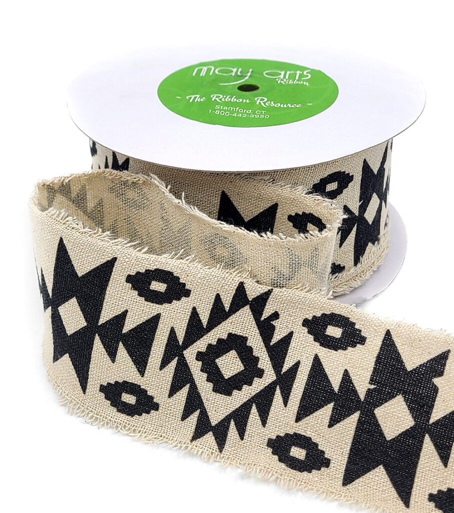 2.5 Inch Cotton Linen Blend with Geometric Aztec Print Ribbon with ...