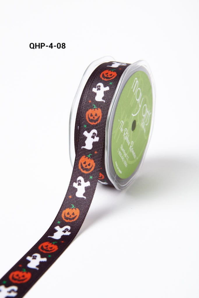 3/4 Inch Grosgrain Halloween Pumpkin Ghost Print Ribbon with Woven Edge