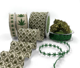 1.5″ Faux Linen Cannabis Leaf Printed Ribbon With Cut Edge
