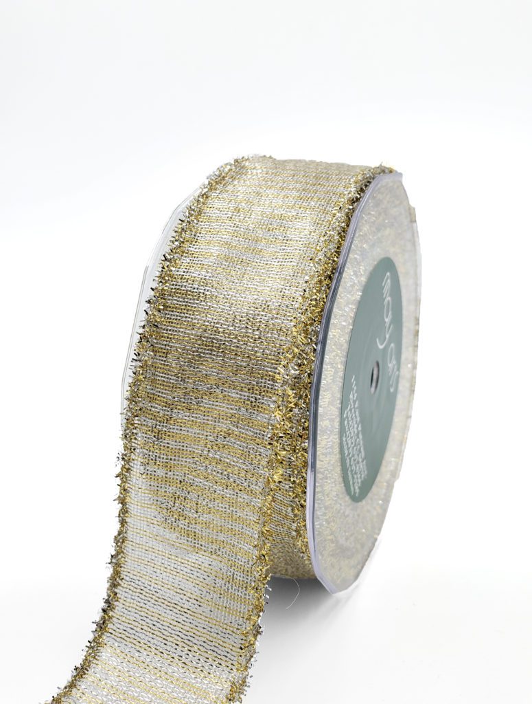 1.5 Inch Wired Metallic Striped Ribbon with Tinsel Edge
