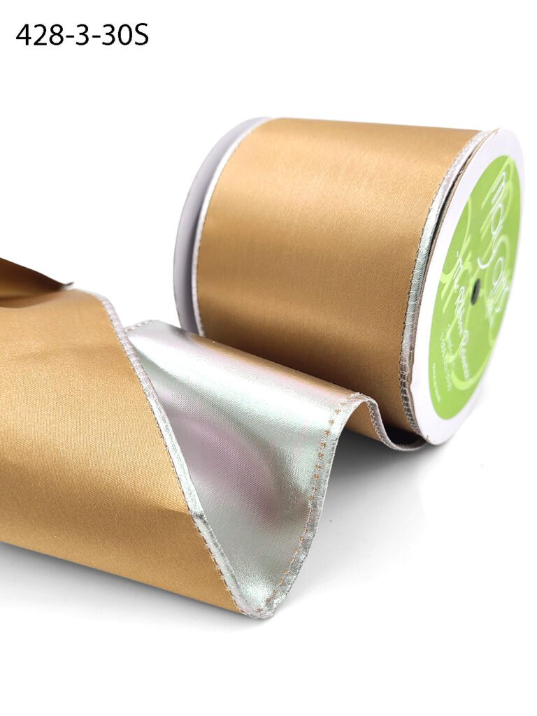 3 Inch Satin Metallic Reversible Ribbon with Wired Woven Edge