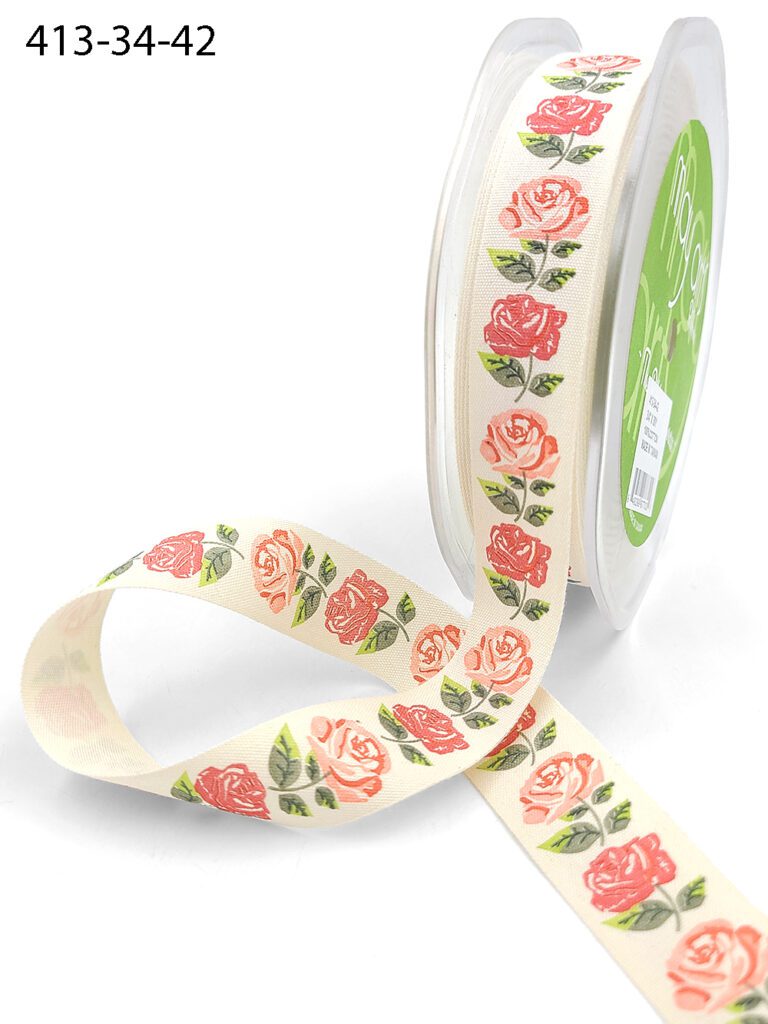 3/4 Inch Ivory Canvas Printed Ribbon with Woven Edge