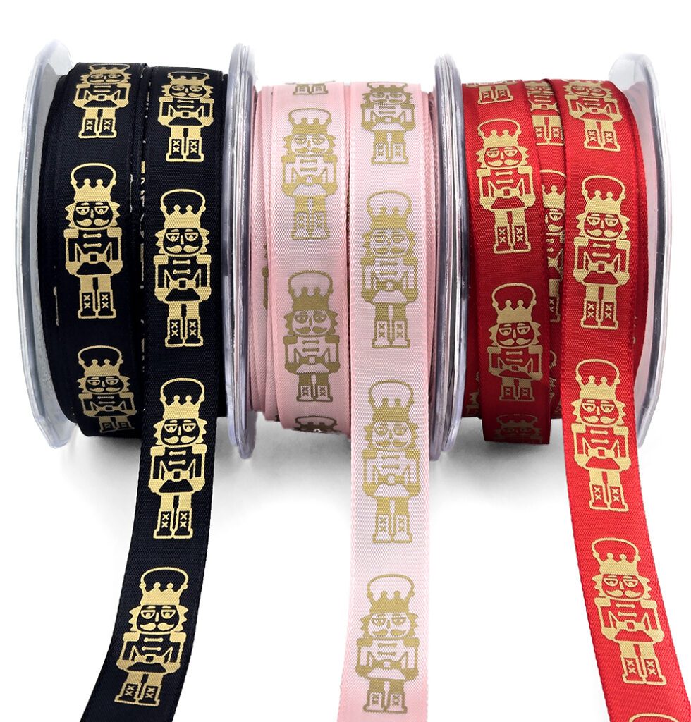 5/8 Inch Taffeta Gold Print Nutcracker Ribbon with Woven Edge